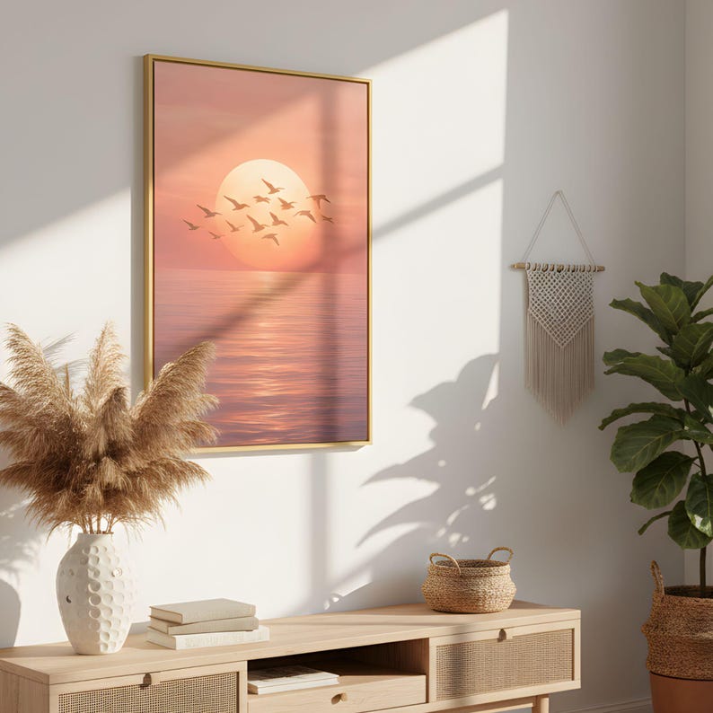 Beach Sunset Wall Art, Ocean Sunrise Canvas, Coastal Birds Artwork ...
