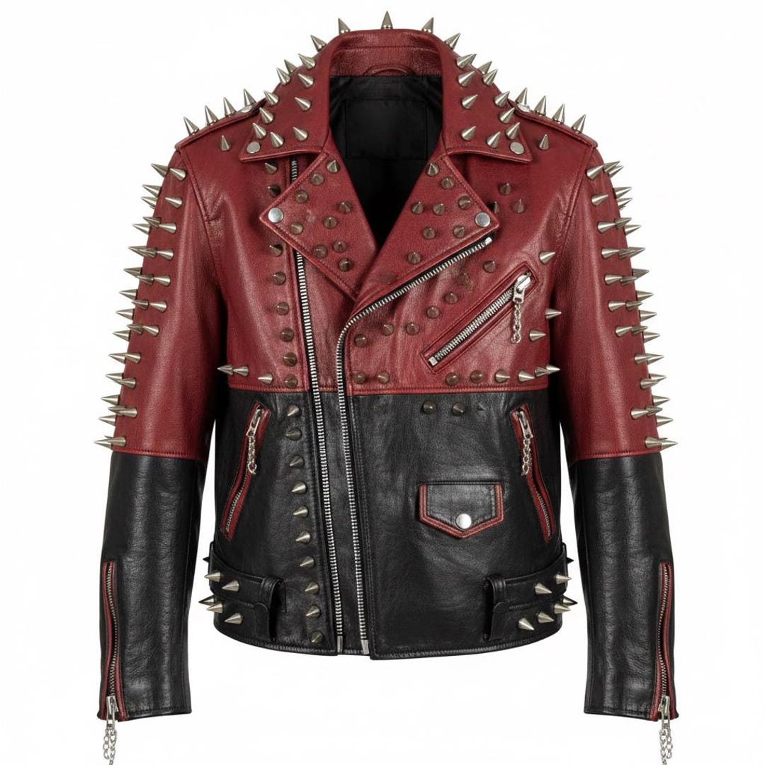 Handmade Spiked Leather Biker Jacket – Red & Black Punk Rock Studded ...