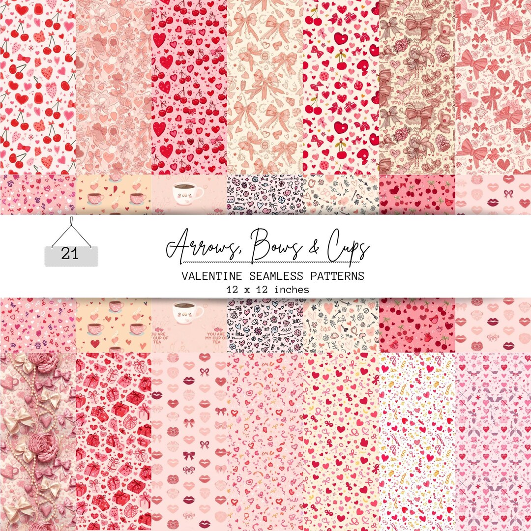 Valentine Seamless Patterns | Bows Arrows & Cup Backgrounds | Romantic ...