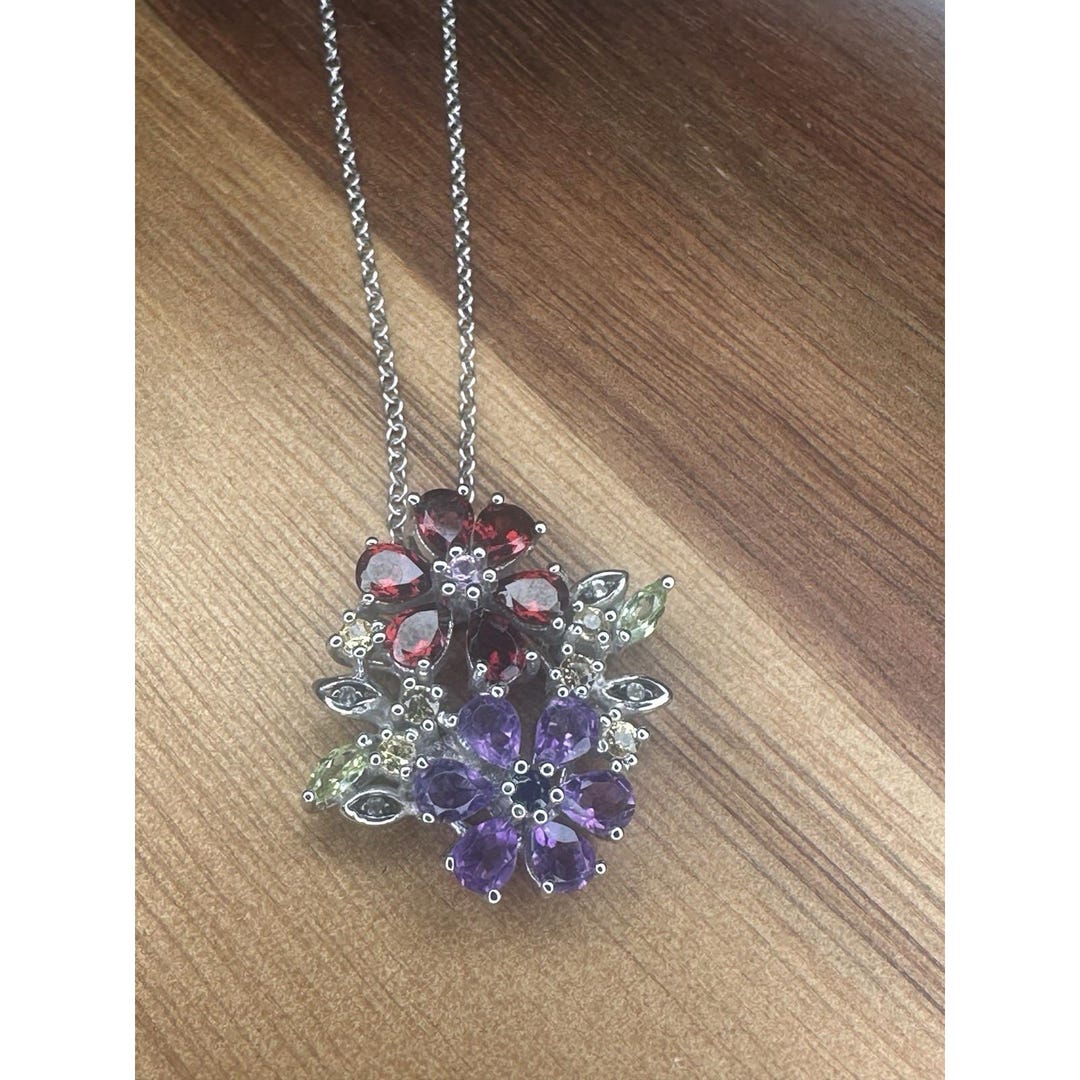 Sterling Silver Multi Gemstone Flower Pendant Necklace 925 - Etsy