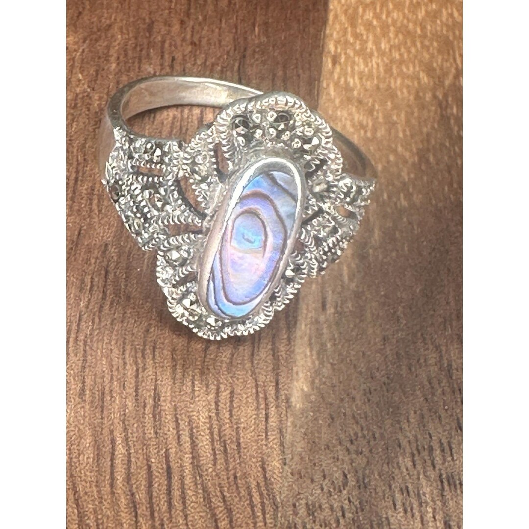 Vintage 925 CW Sterling Silver Abalone and Marcasite Ring Size 7.75 - Etsy