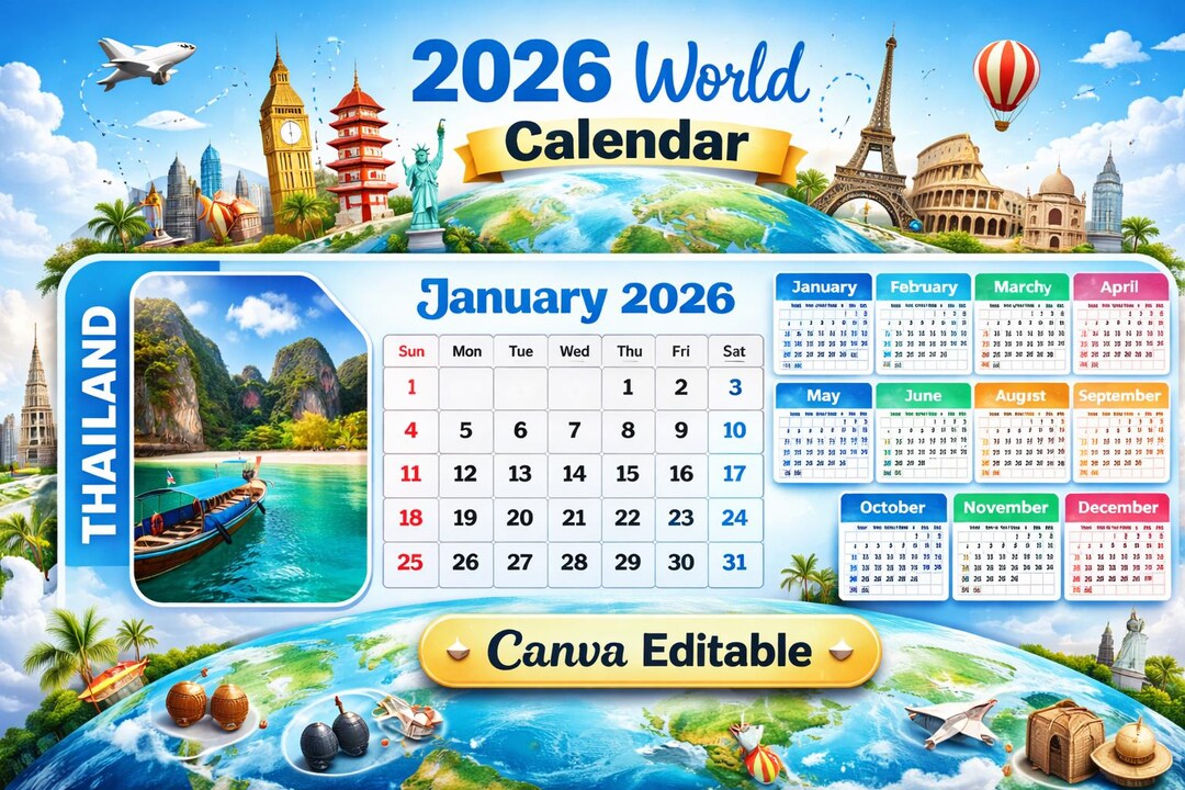 2026 Travel Calendar | 12 Countries World Planner, Canva Editable ...