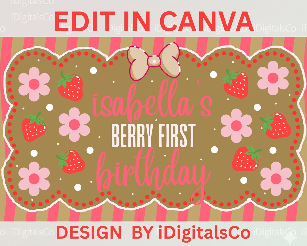 Strawberry Birthday Banner Editable Template, Berry First Birthday ...