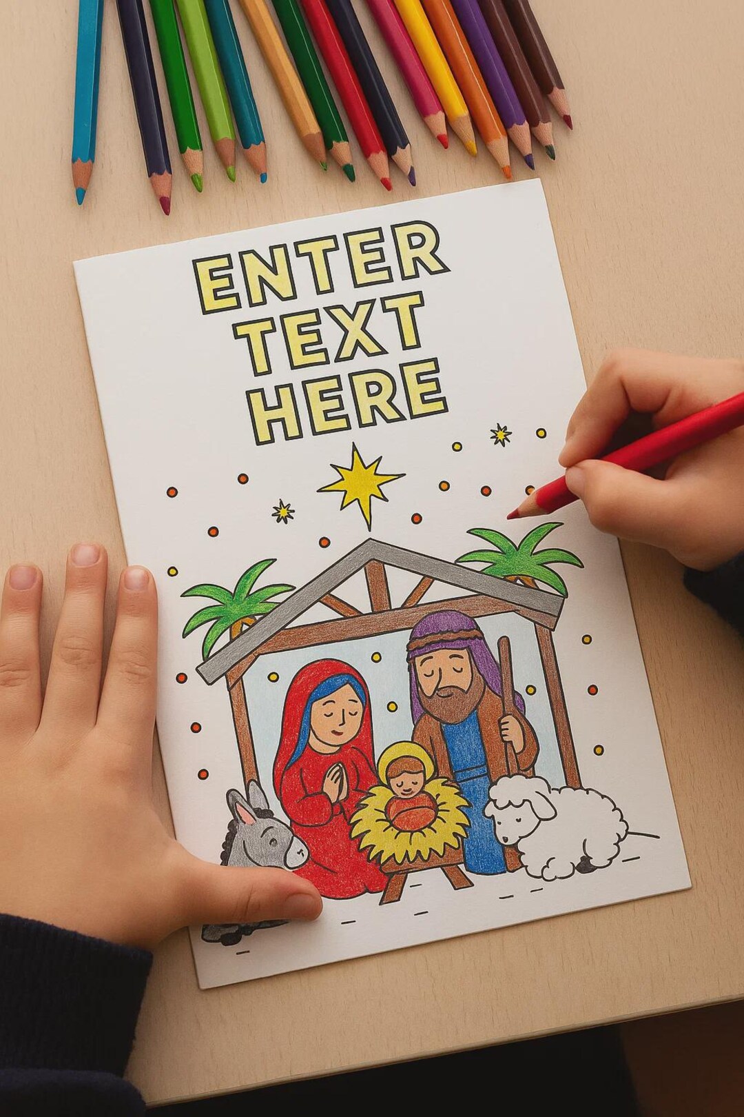 Printable Christmas Nativity Colouring Card – Editable Text (digital ...