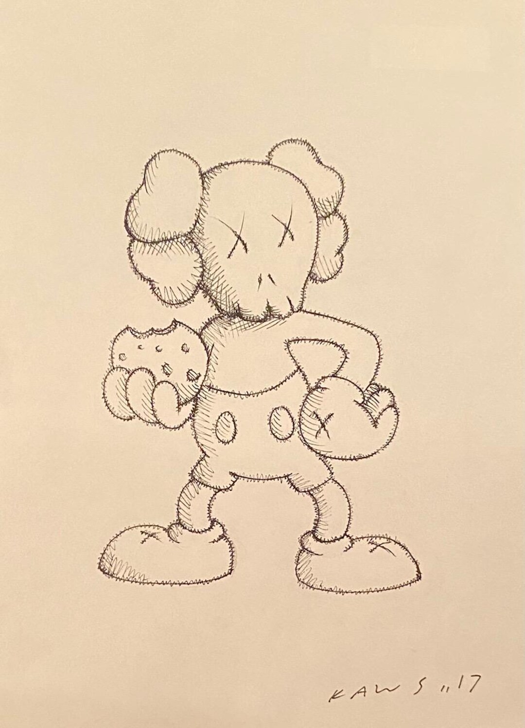 KAWS Inspired Drawing 2017, Pencil & Ink on Paper, Signed Contemporary ...