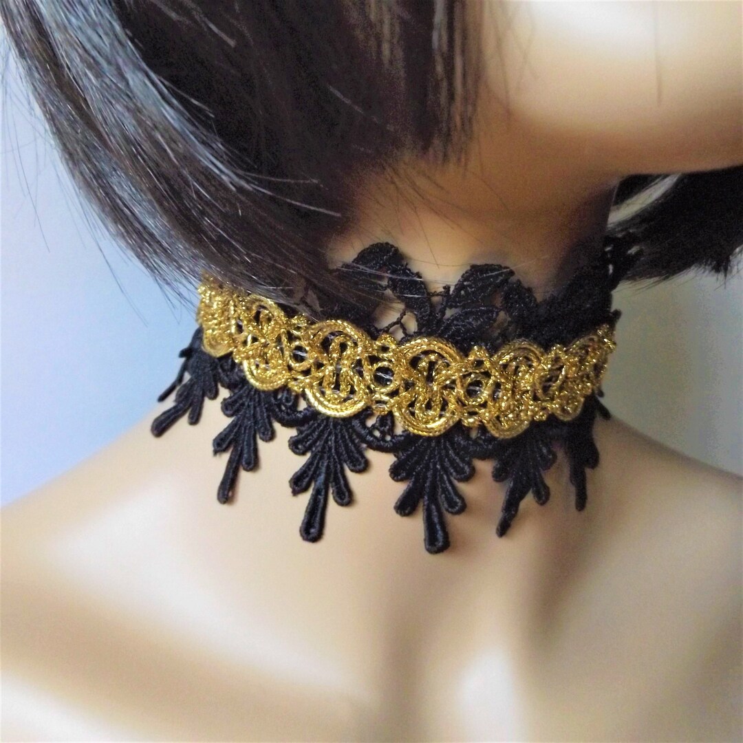 Wide Black Lace & Gold Metallic Fabric Choker Collar Necklace - Etsy