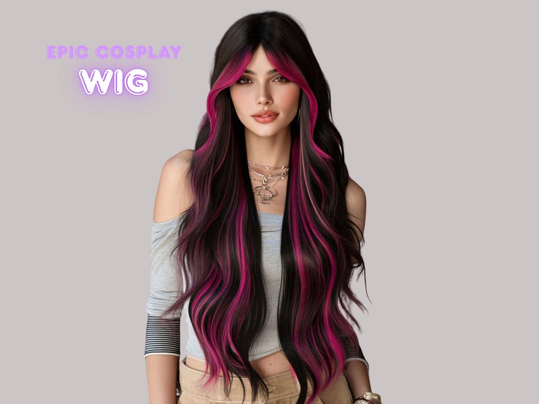 Extra Long Rose Pink Highlight Wig 30 Inch Wavy Synthetic With Curtain ...