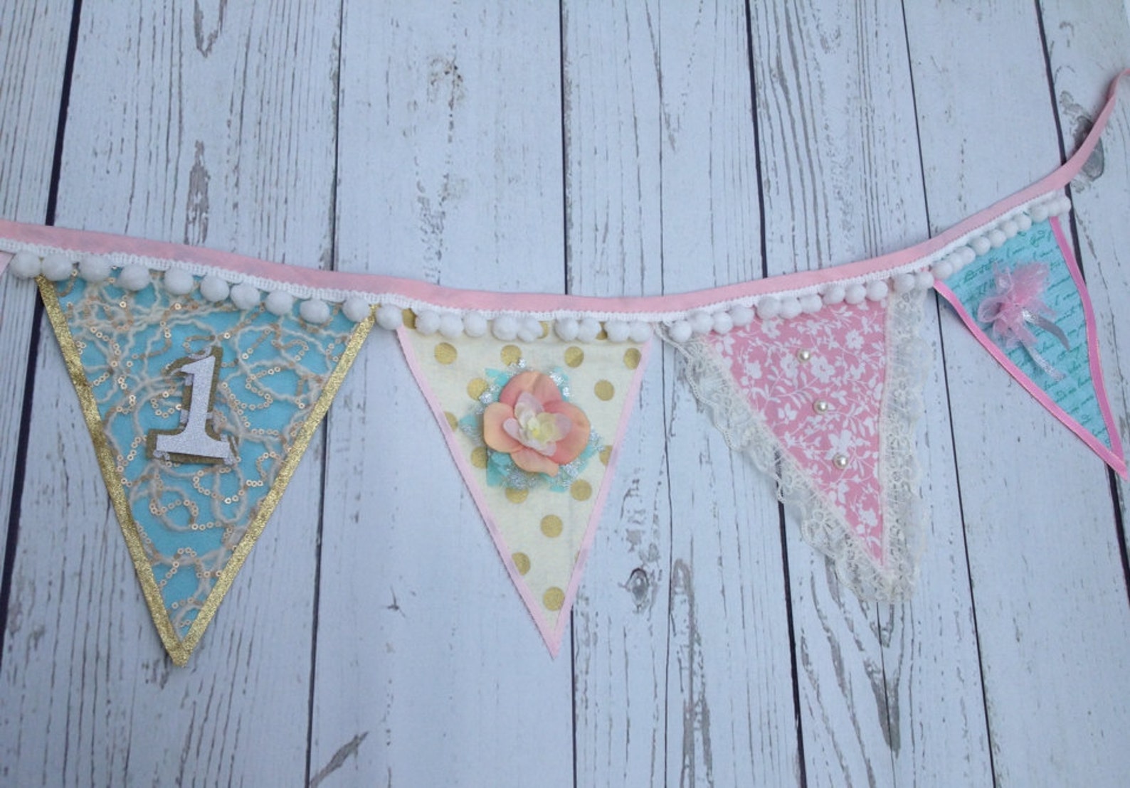 Pink Aqua Ivory Silver and Gold Pennant Banner Bunting - Etsy
