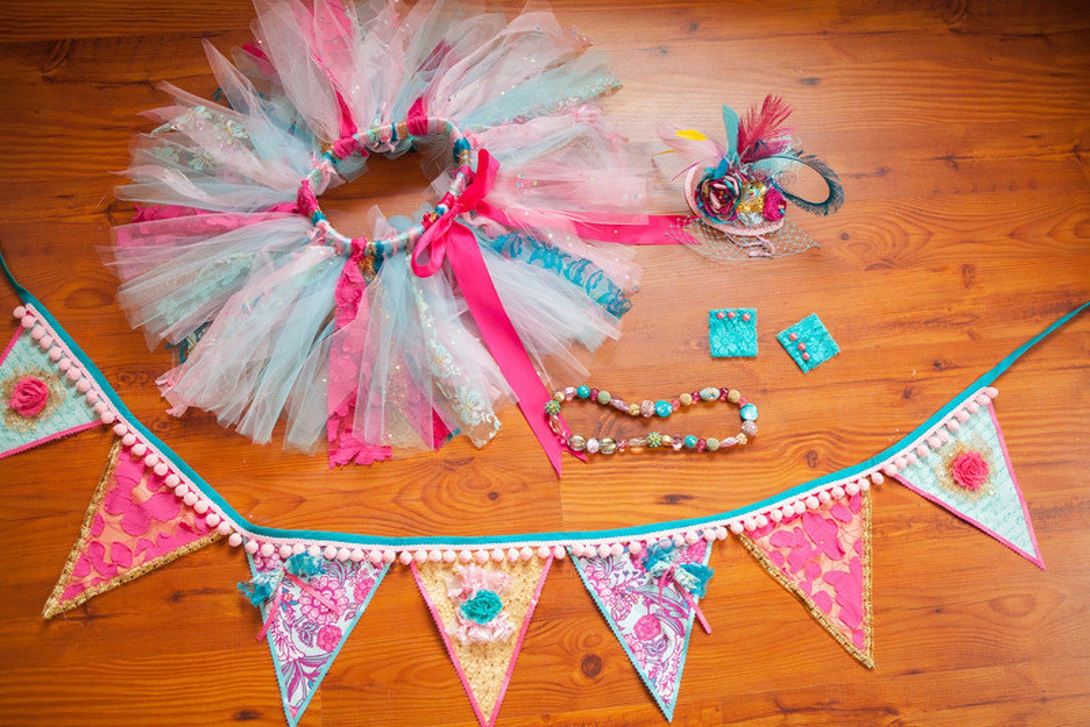 Pink Aqua Teal and Gold Pennant Banner Bunting Photo Prop | Etsy