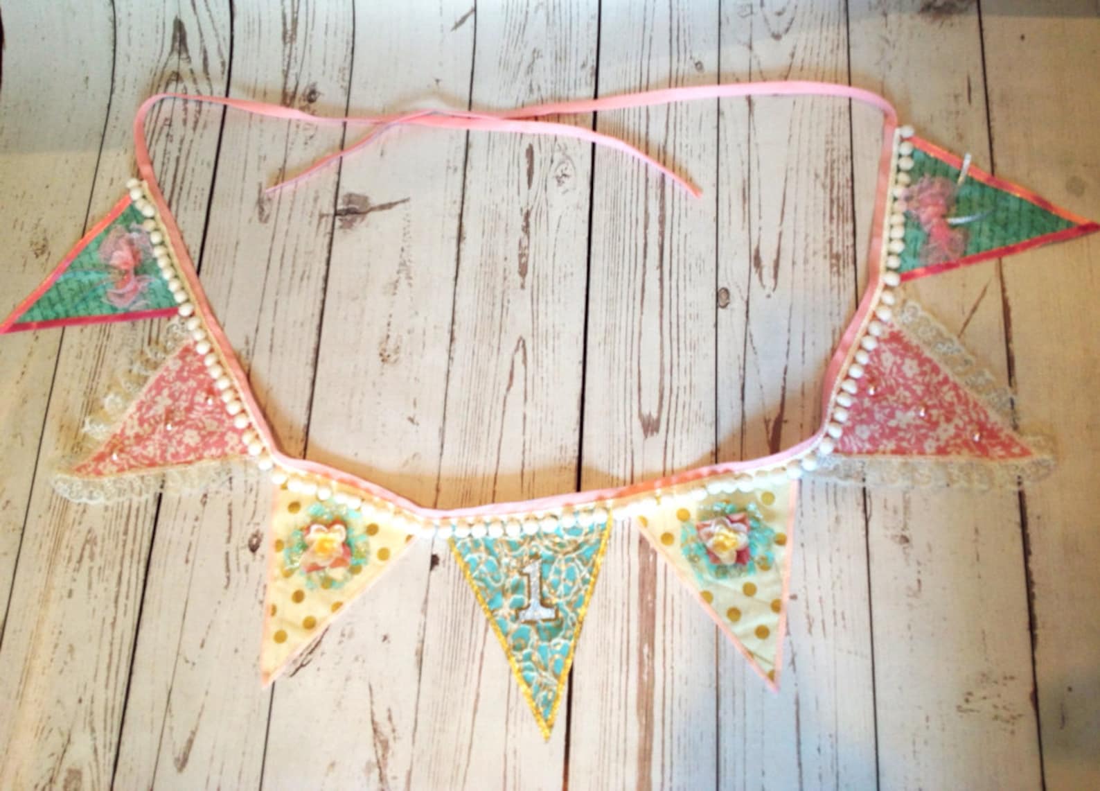 Pink Aqua Ivory Silver and Gold Pennant Banner Bunting | Etsy