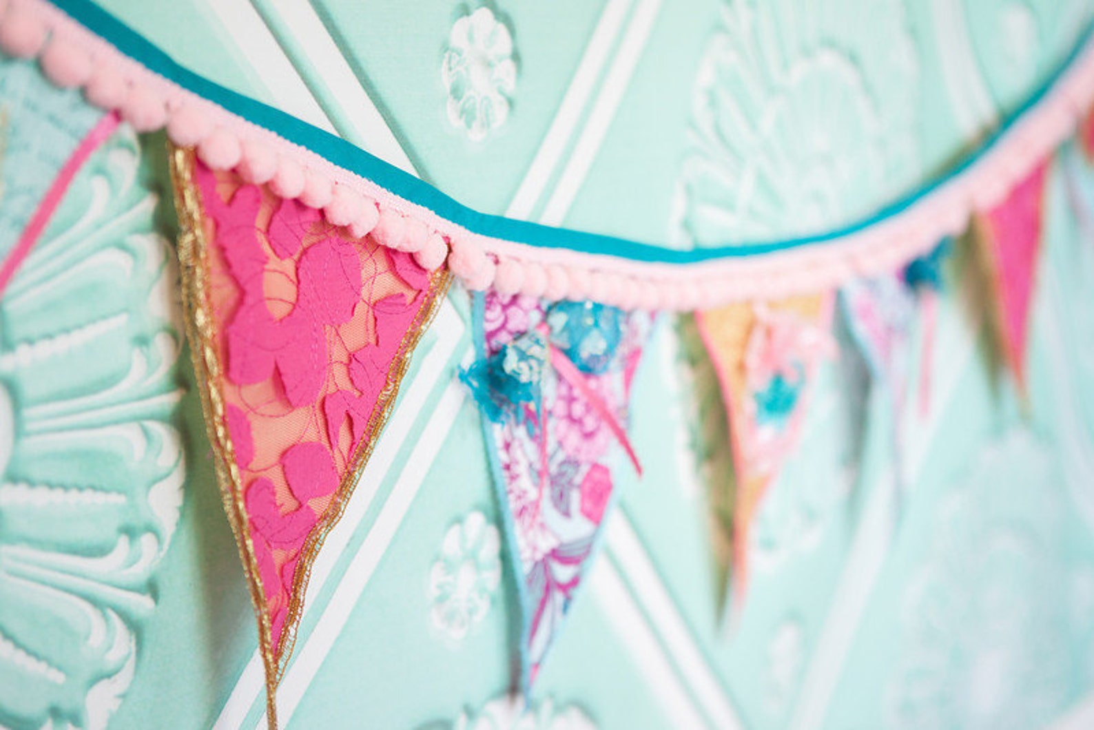 Pink Aqua Teal and Gold Pennant Banner Bunting Photo Prop | Etsy