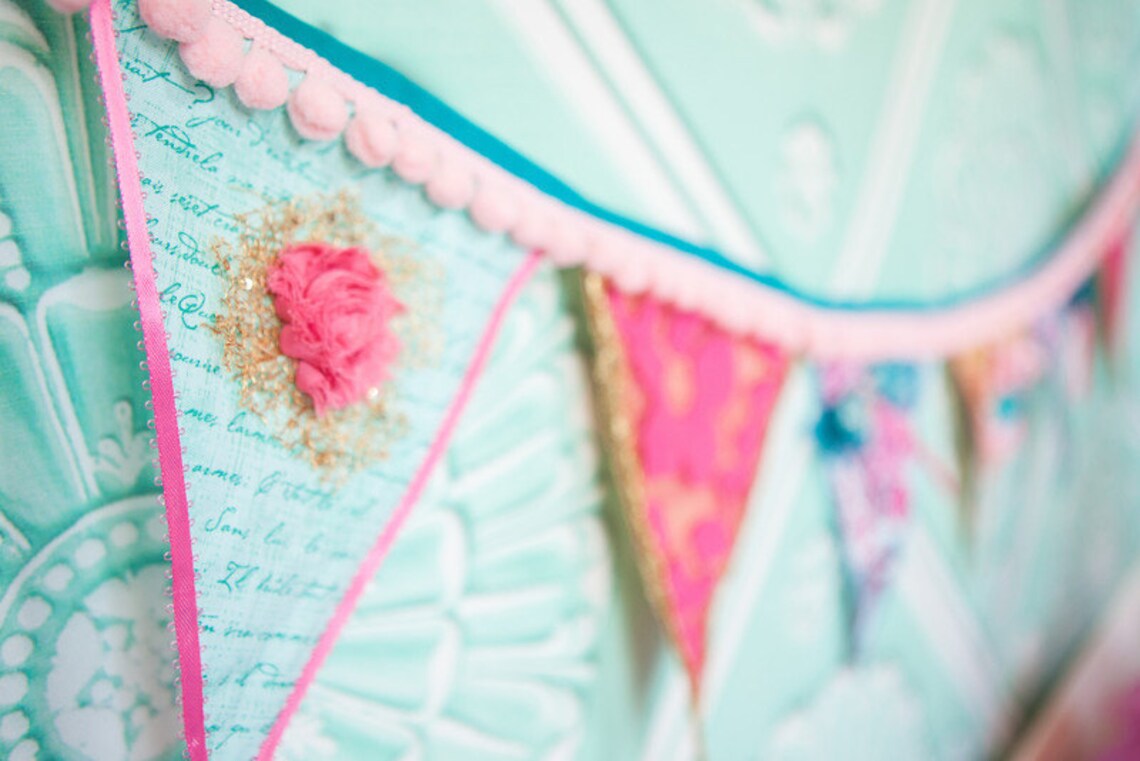 Pink Aqua Teal and Gold Pennant Banner Bunting Photo Prop | Etsy