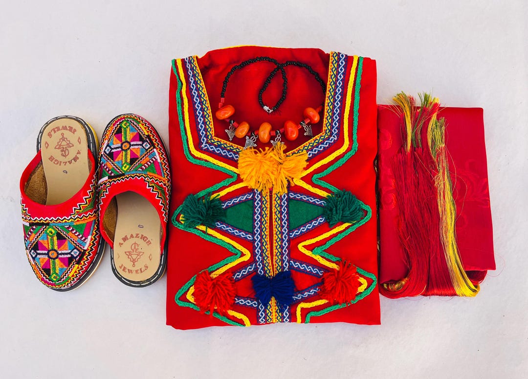 Girls Amazigh Dress Set, Complete Berber Outfit With Kaftan, Necklace ...