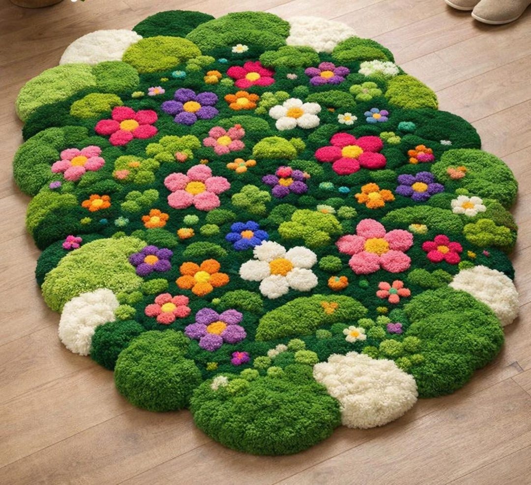 Hand Tufted Moss Floral Rug - Colorful 3D Garden Wildflowers Boho ...