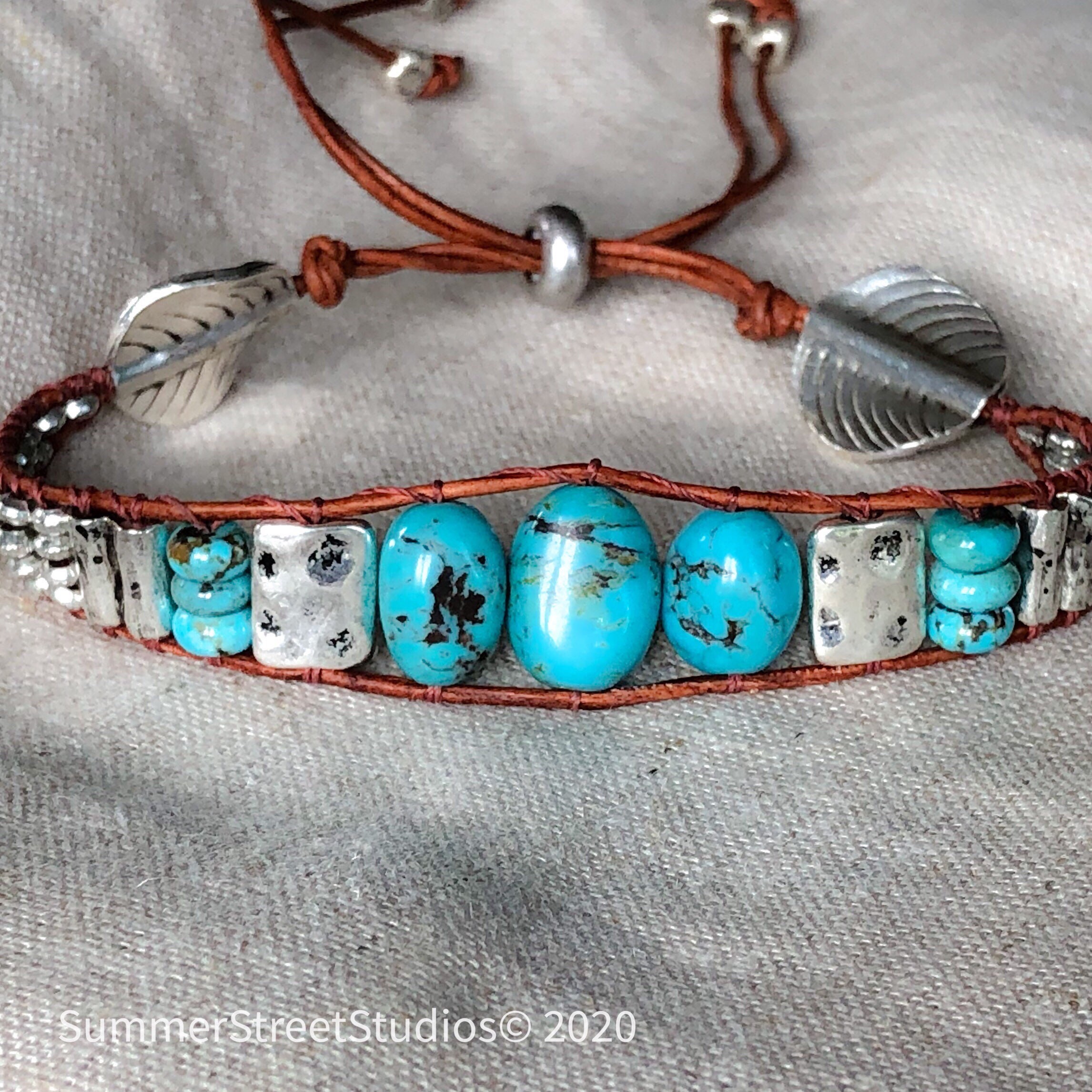 Southwestern Turquoise and Silver Leather Adjustable Bracelet | Etsy