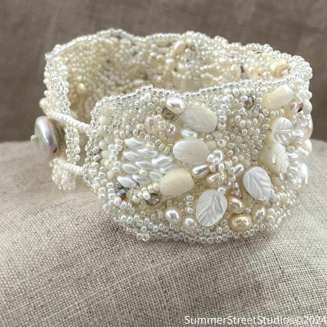 Pearly White Beaded Bridal Freestyle Couture Cuff OOAK Sundance Style ...