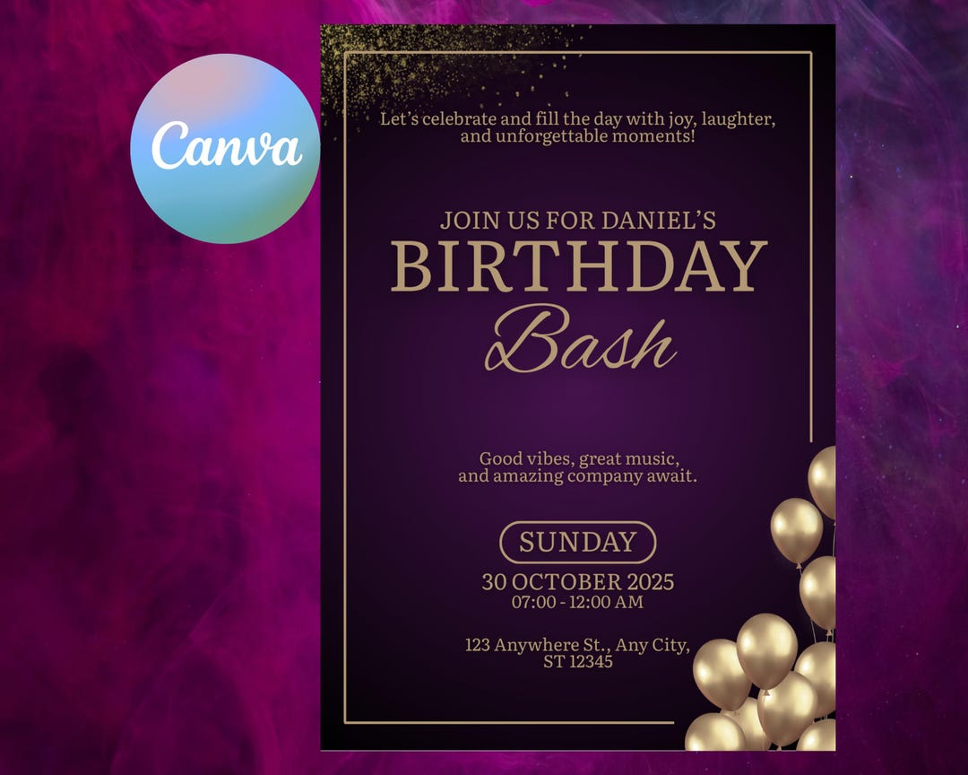 Purple & Gold Birthday Bash Invitation | Elegant Luxury (digital ...