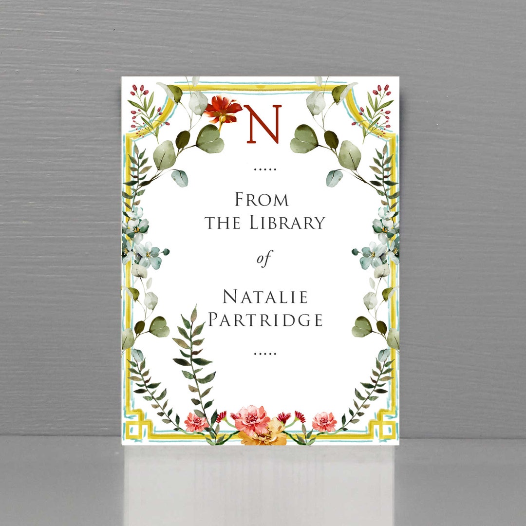 Floral Bookplate, Single Monogram Personalized Bookplate, Monogrammed ...