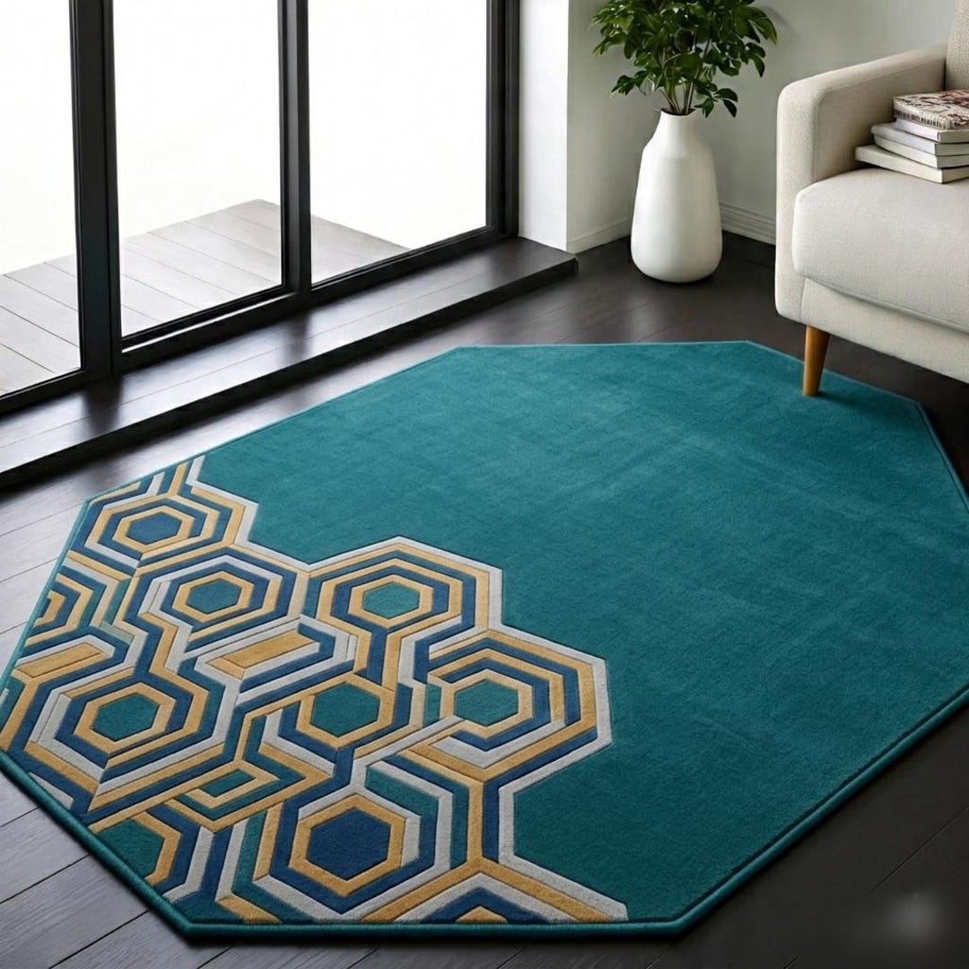 Abstract Geometric Teal Octagonal Area Rug - Etsy