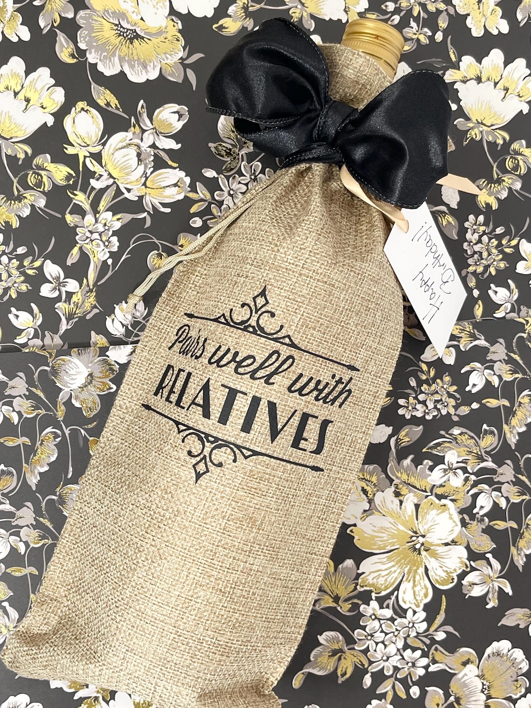 Pairs Well With Relatives, Natural: Reusable, Burlap Wine Bag With ...