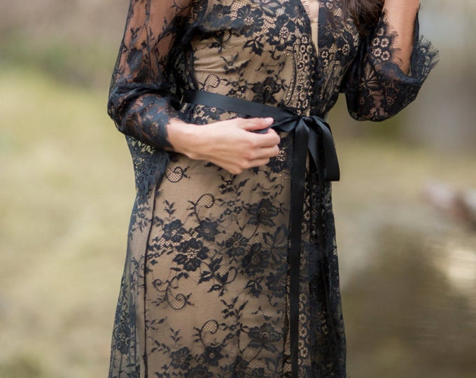 Extra Long French Lace Robe, Black Alencon Lace Robe, A Must-have for ...