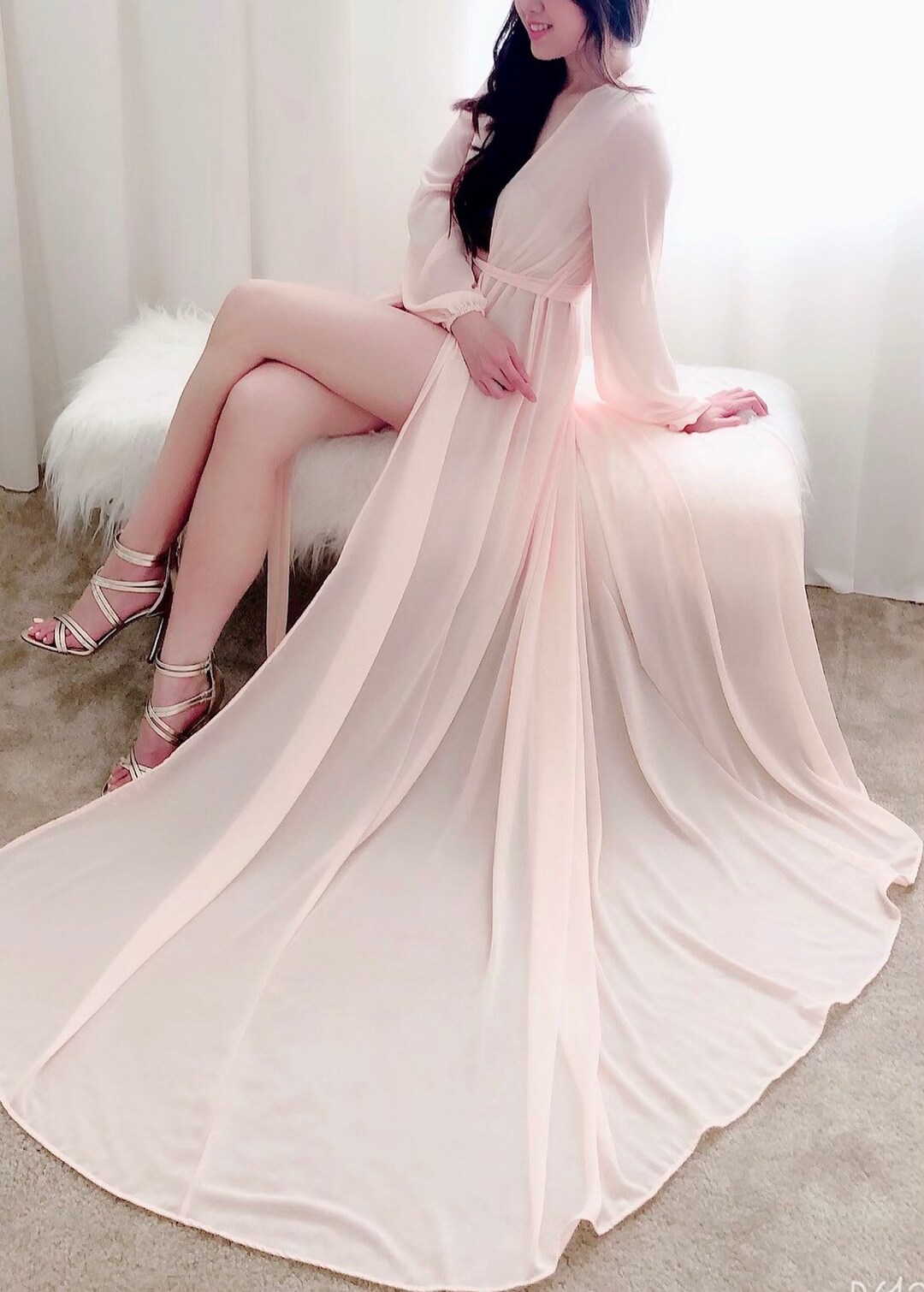 Paris Blush Pink Chiffon Long Robe With Train Chiffon Robe, Lingerie ...