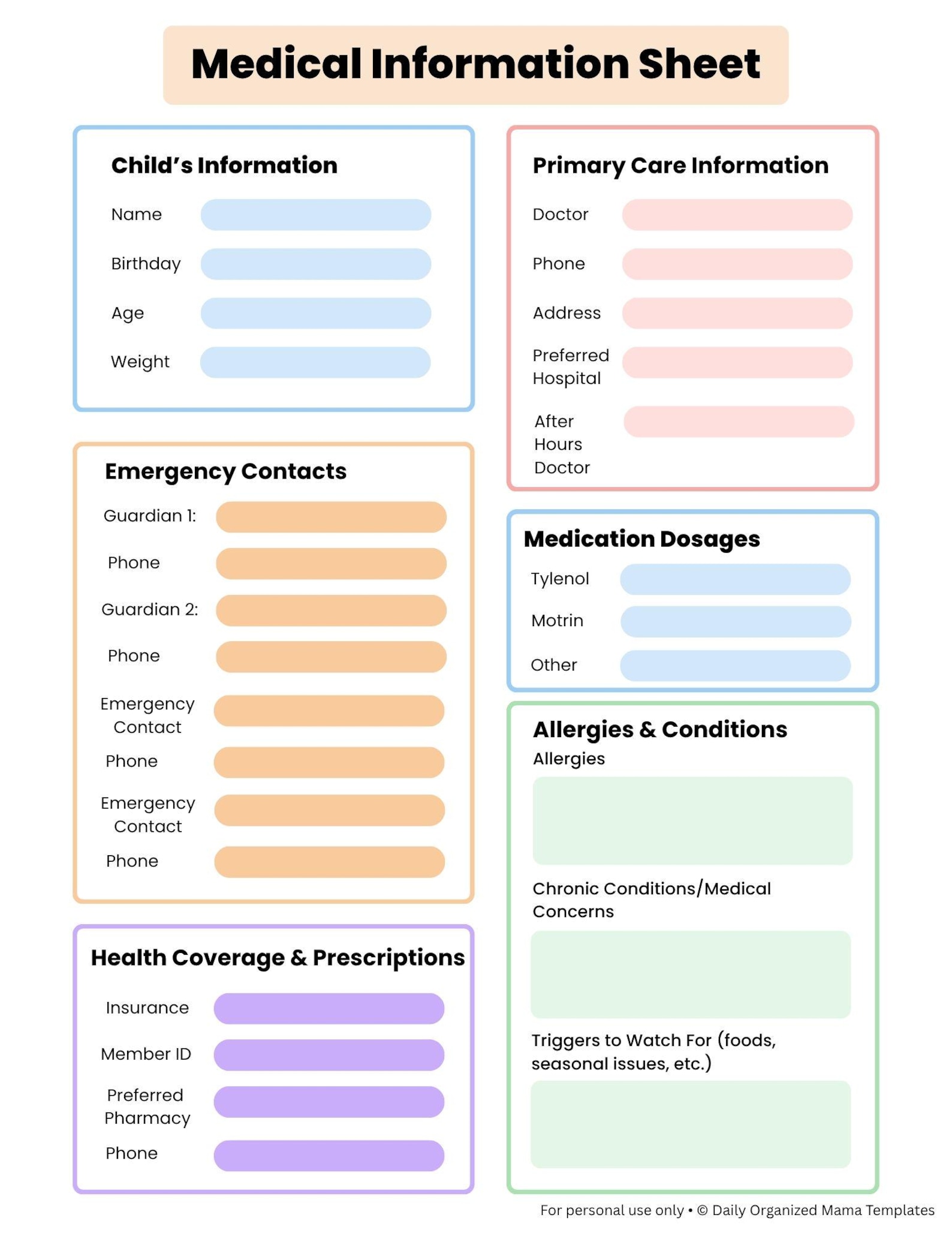 Editable Medical Information Sheet for Kids | Printable Child Medical ...