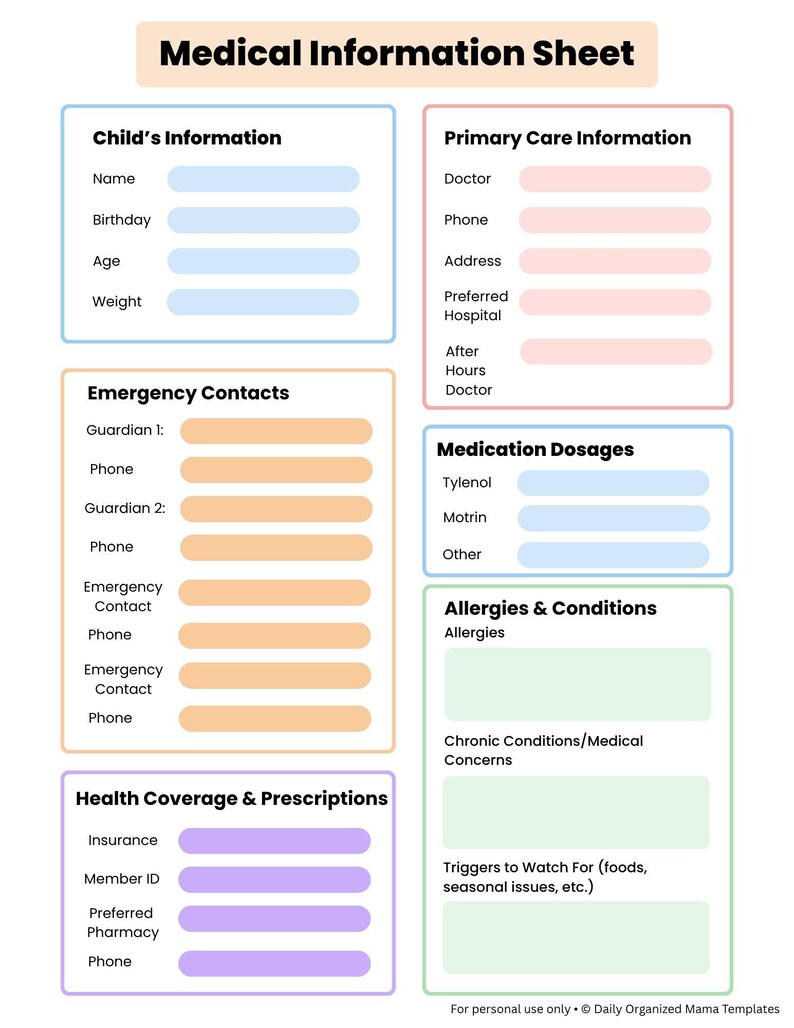 Editable Medical Information Sheet for Kids | Printable Child Medical ...