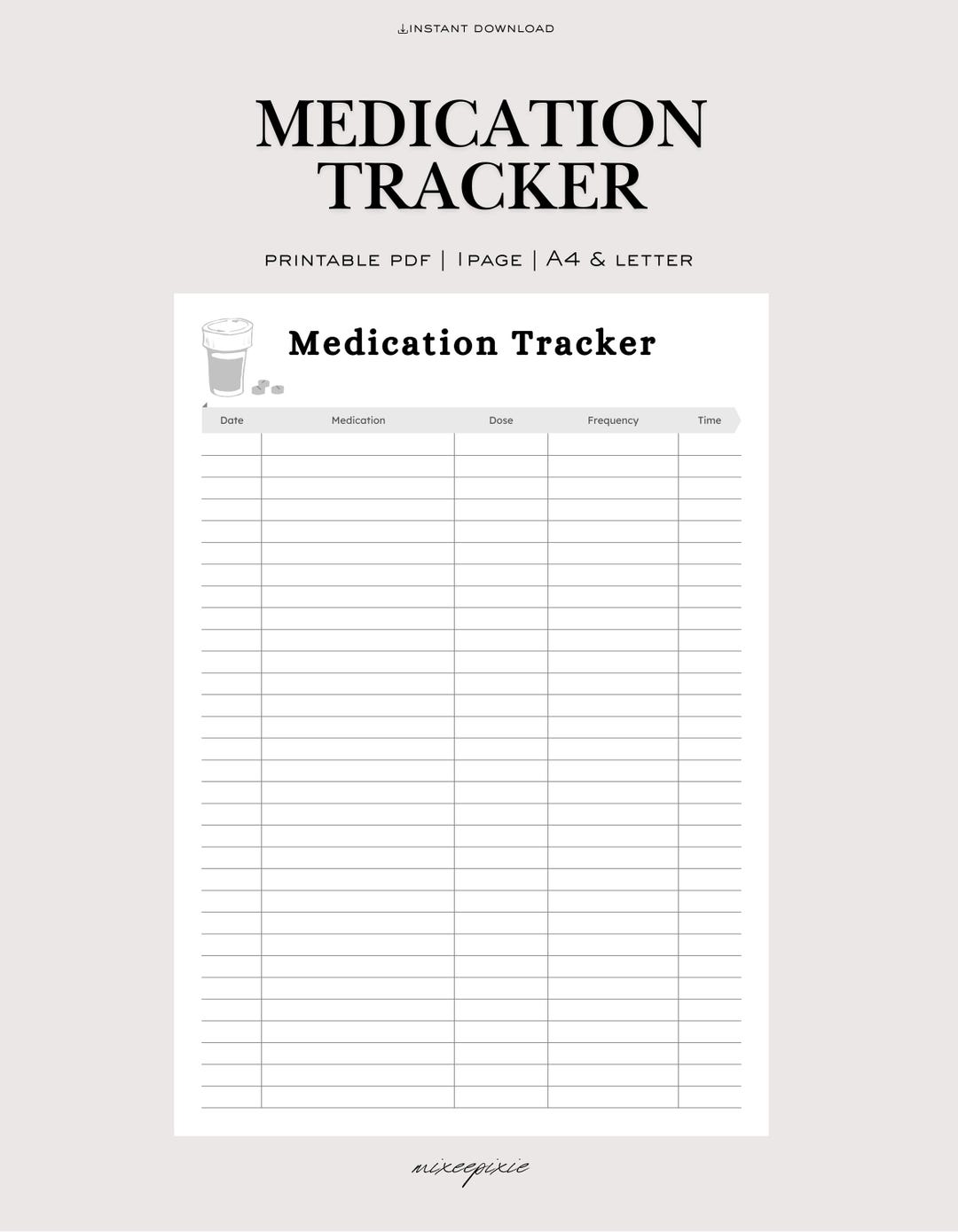 Medication Tracker Printable PDF, Pill Organizer Log Sheet, Health ...