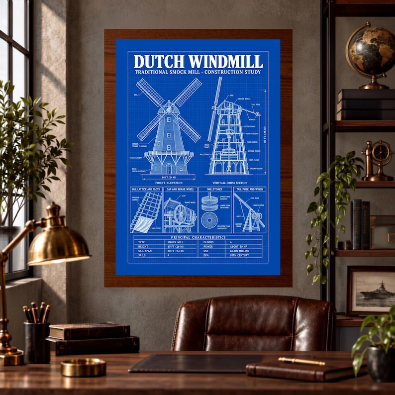 Dutch Windmill Wall Art, Windmill Poster, Smock Mill Blueprint ...