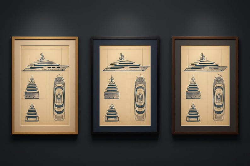 Superyacht Blueprint Art – Luxury Yacht Technical Drawing | Nautical ...