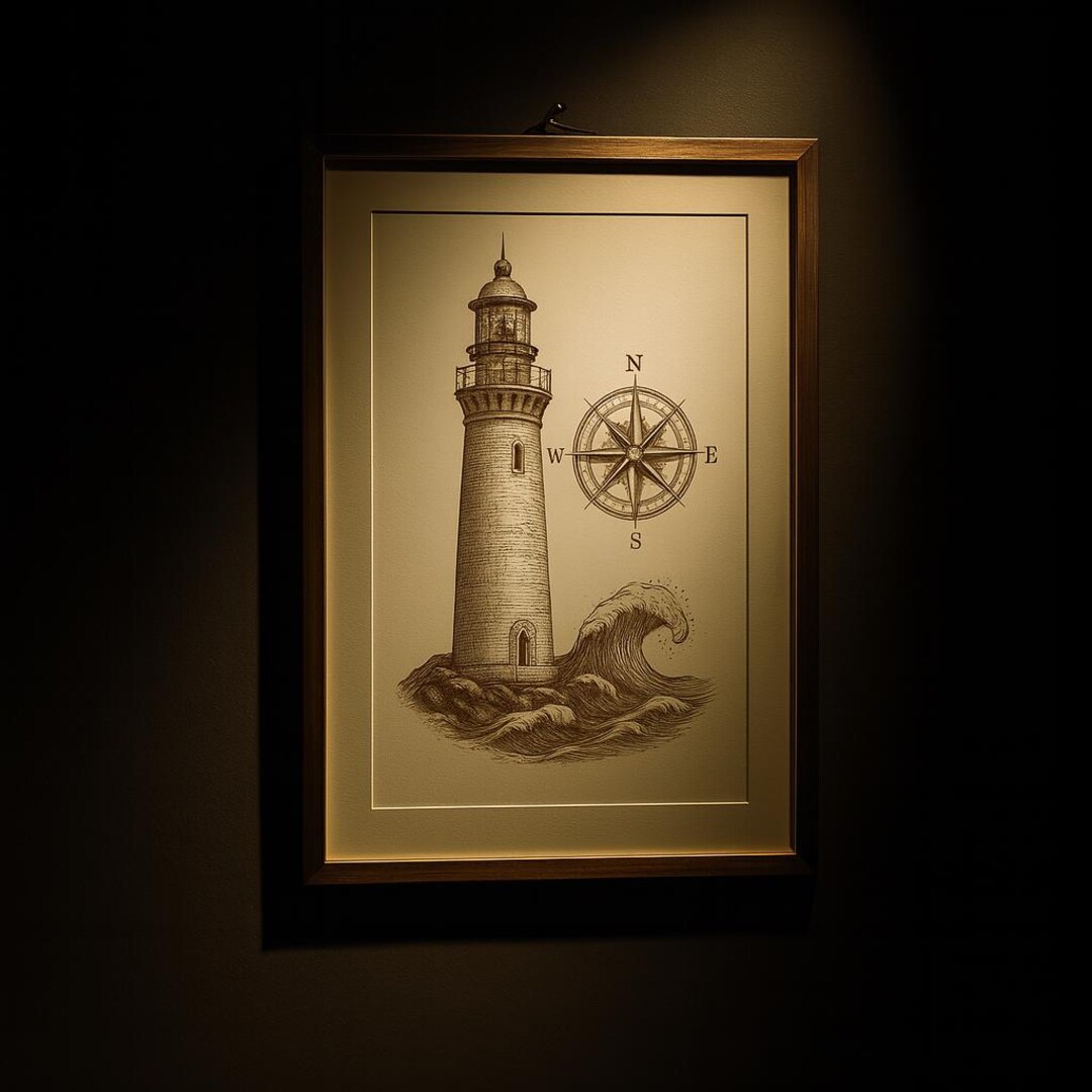 Minimal Lighthouse & Compass Art – Vintage Nautical Line Drawing Print ...