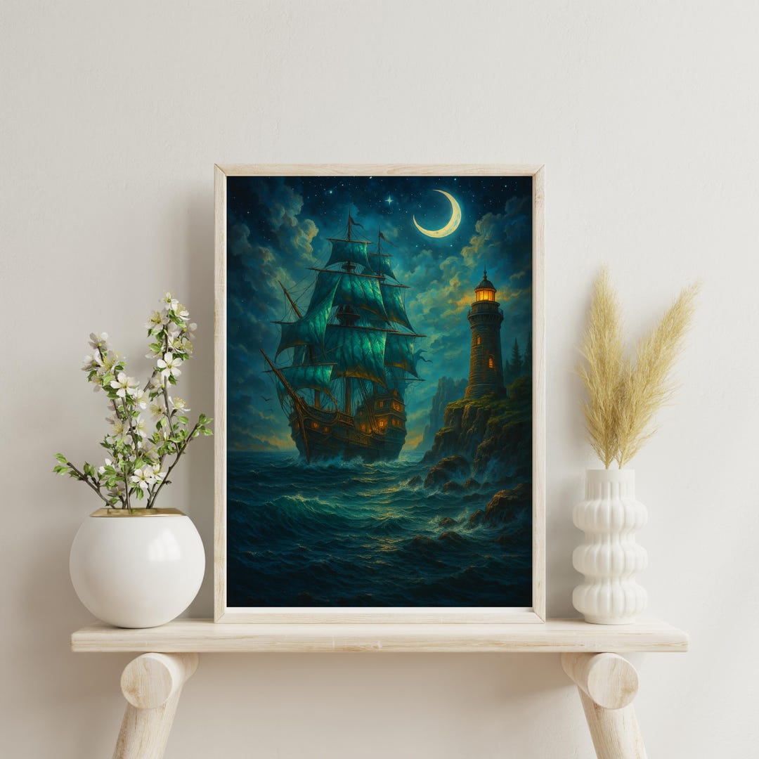 Pirate Ship & Lighthouse Art – Nautical Moonlit Fantasy Wall Print ...
