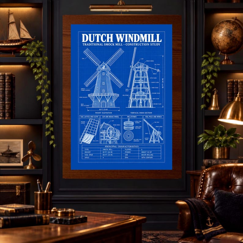 Dutch Windmill Wall Art, Windmill Poster, Smock Mill Blueprint ...