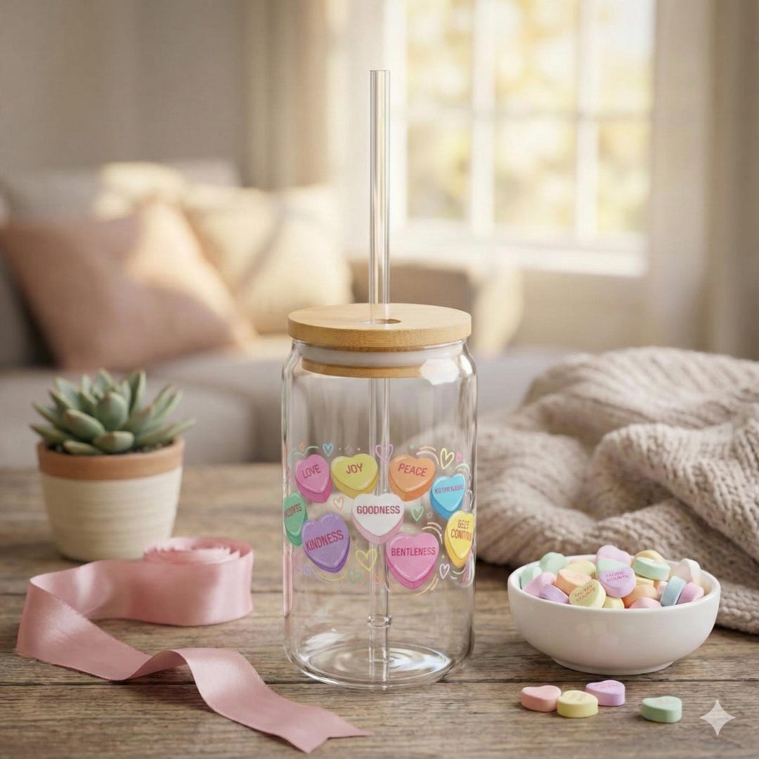 Fruits of the Spirit Heart Candy Sipper Glass | 16oz Clear Straw ...