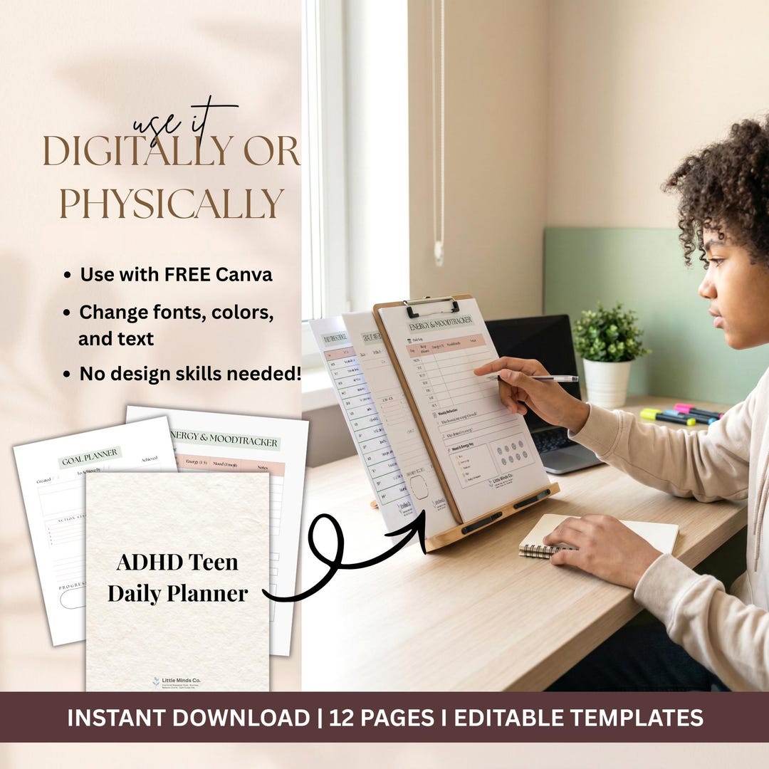 ADHD Teen Planner Printable | Student Daily Schedule Homework Tracker ...