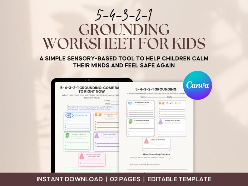 5-4-3-2-1 Grounding Worksheet for Kids | Come Back to Now Anxiety Tool ...