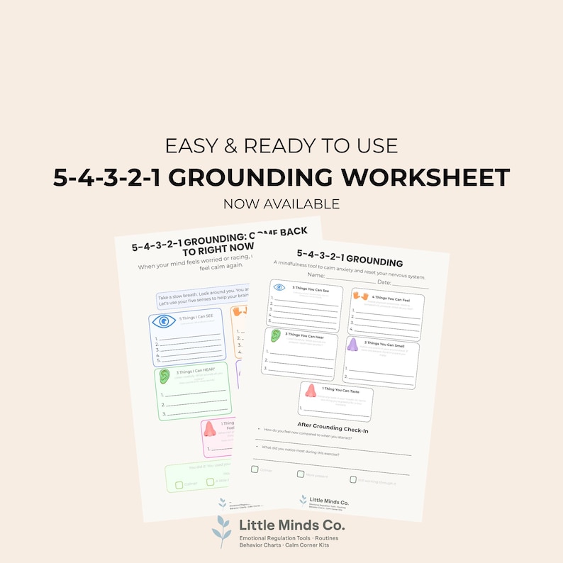 5-4-3-2-1 Grounding Worksheet for Kids | Come Back to Now Anxiety Tool ...