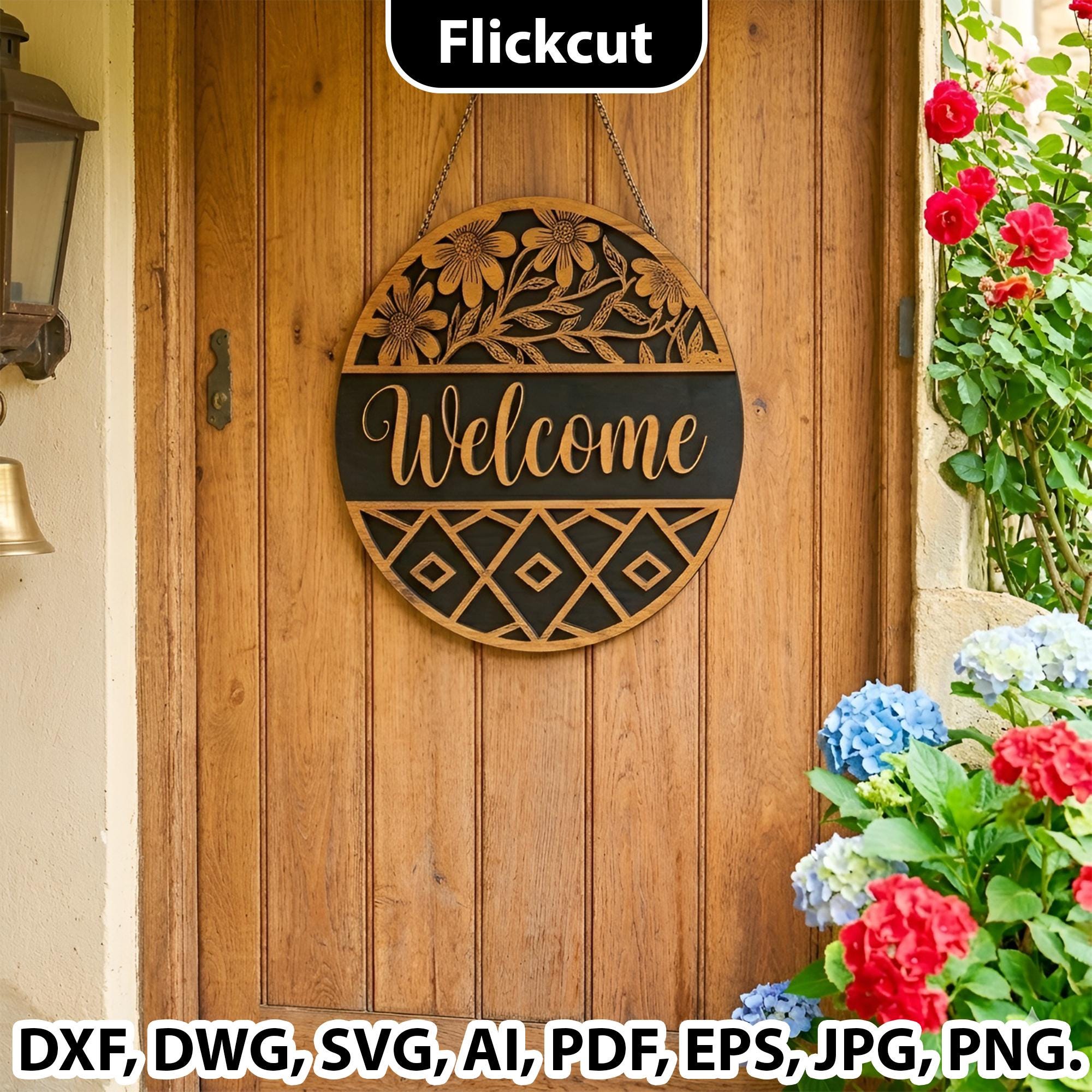 Welcome Sign SVG, Layered Round Door Hanger Laser Cut File, Round Door ...