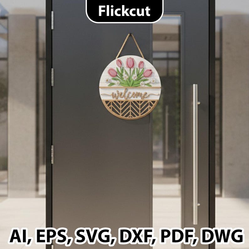 Colgador de puerta floral de bienvenida SVG, archivo cortado con láser ...