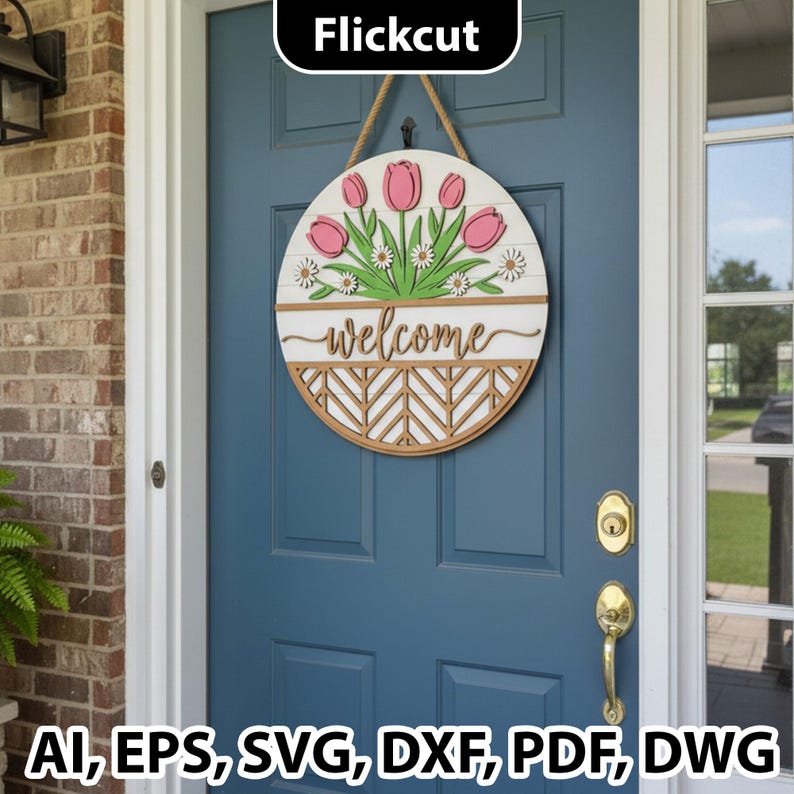 Floral Welcome Door Hanger SVG, Spring Farmhouse Decor Laser Cut File ...