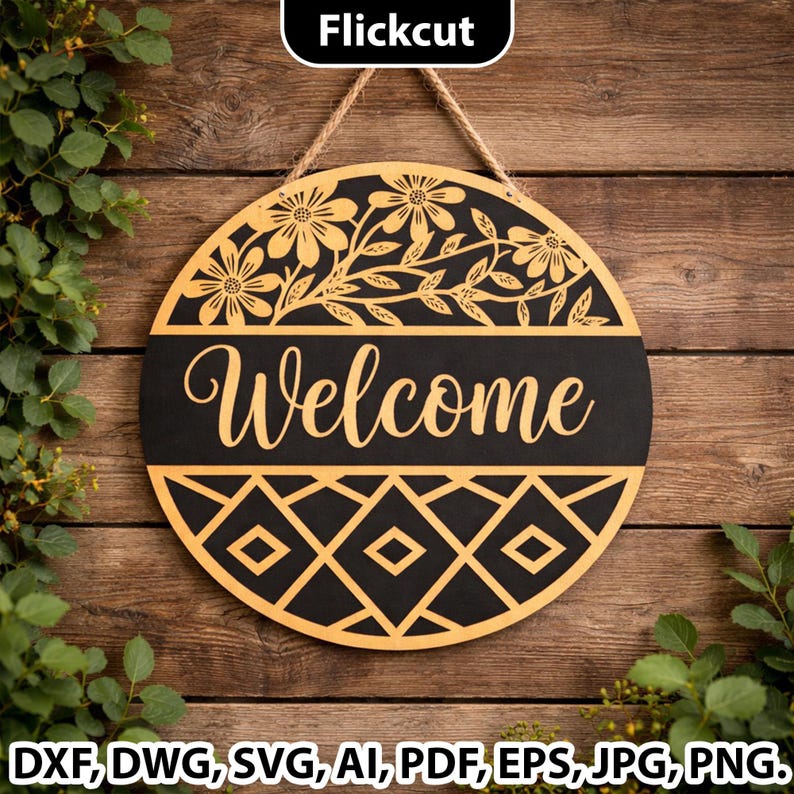 Welcome Sign SVG, Layered Round Door Hanger Laser Cut File, Round Door ...