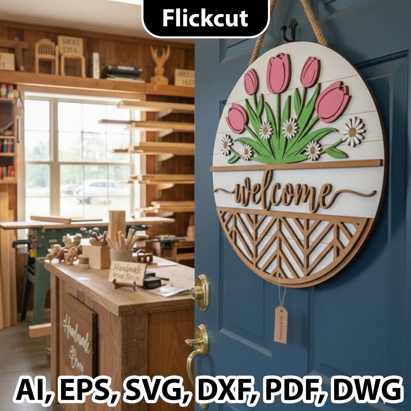 Floral Welcome Door Hanger SVG, Spring Farmhouse Decor Laser Cut File ...