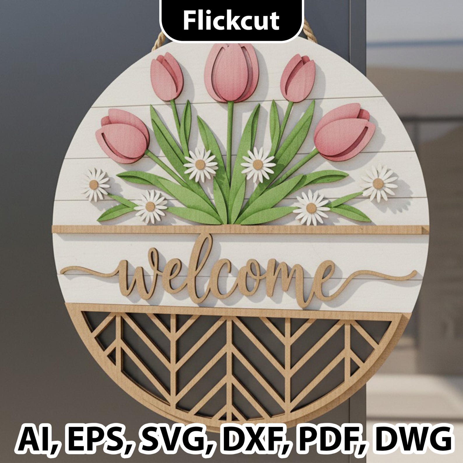 Floral Welcome Door Hanger SVG, Spring Farmhouse Decor Laser Cut File ...