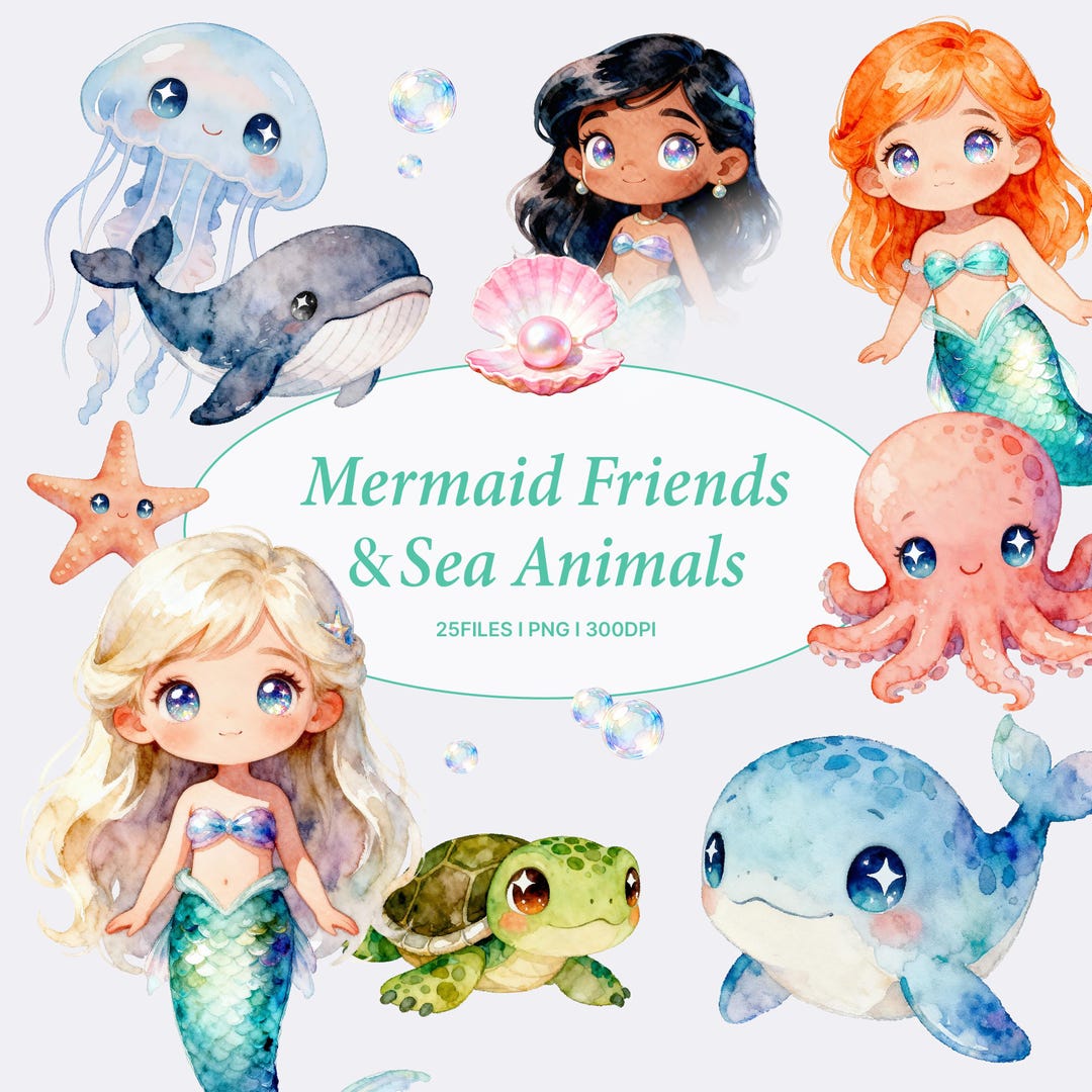 Mermaid and Sea Animals Clipart, Mermaid Dolphin Turtle Pearl Shell ...