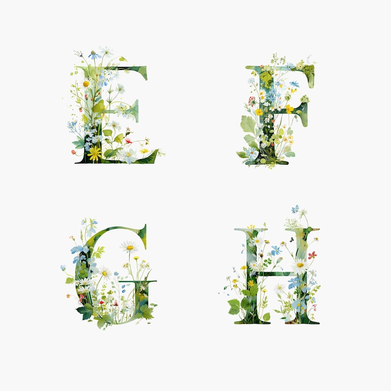 Floral Alphabet Letter Clipart, Wild Flowers Alphabet, Watercolor ...