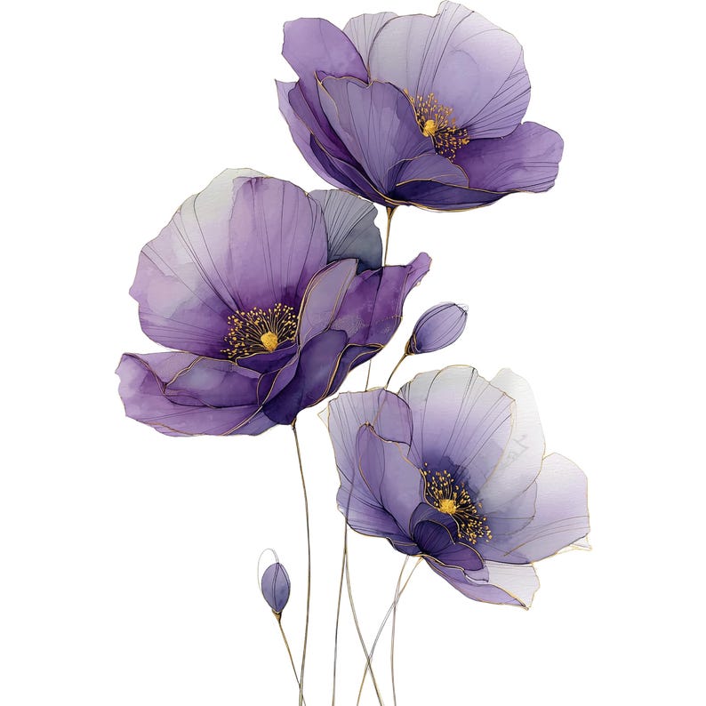 Watercolor Flowers Clipart, Purple Gold Flowers, Abstract Floral Art ...