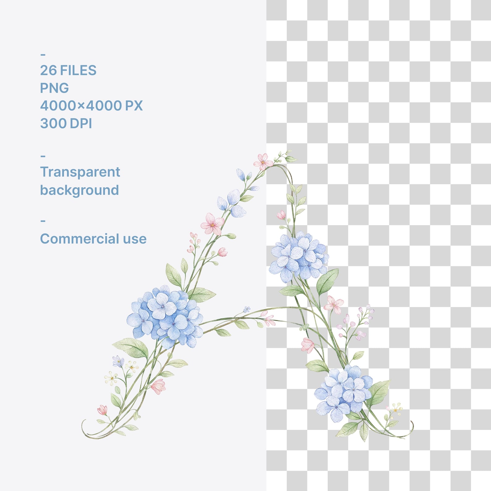 Floral Alphabet Letter Clipart, Blue Hydrangea Flower Alphabet ...