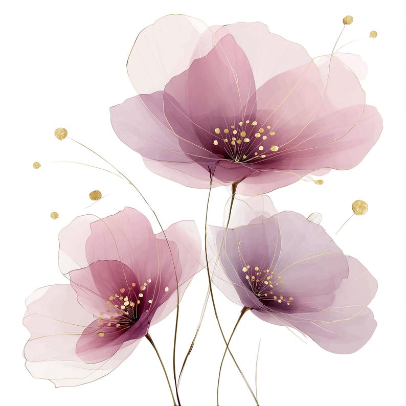 Watercolor Flowers Clipart, Pink Gold Flowers, Abstract Floral Art, PNG ...