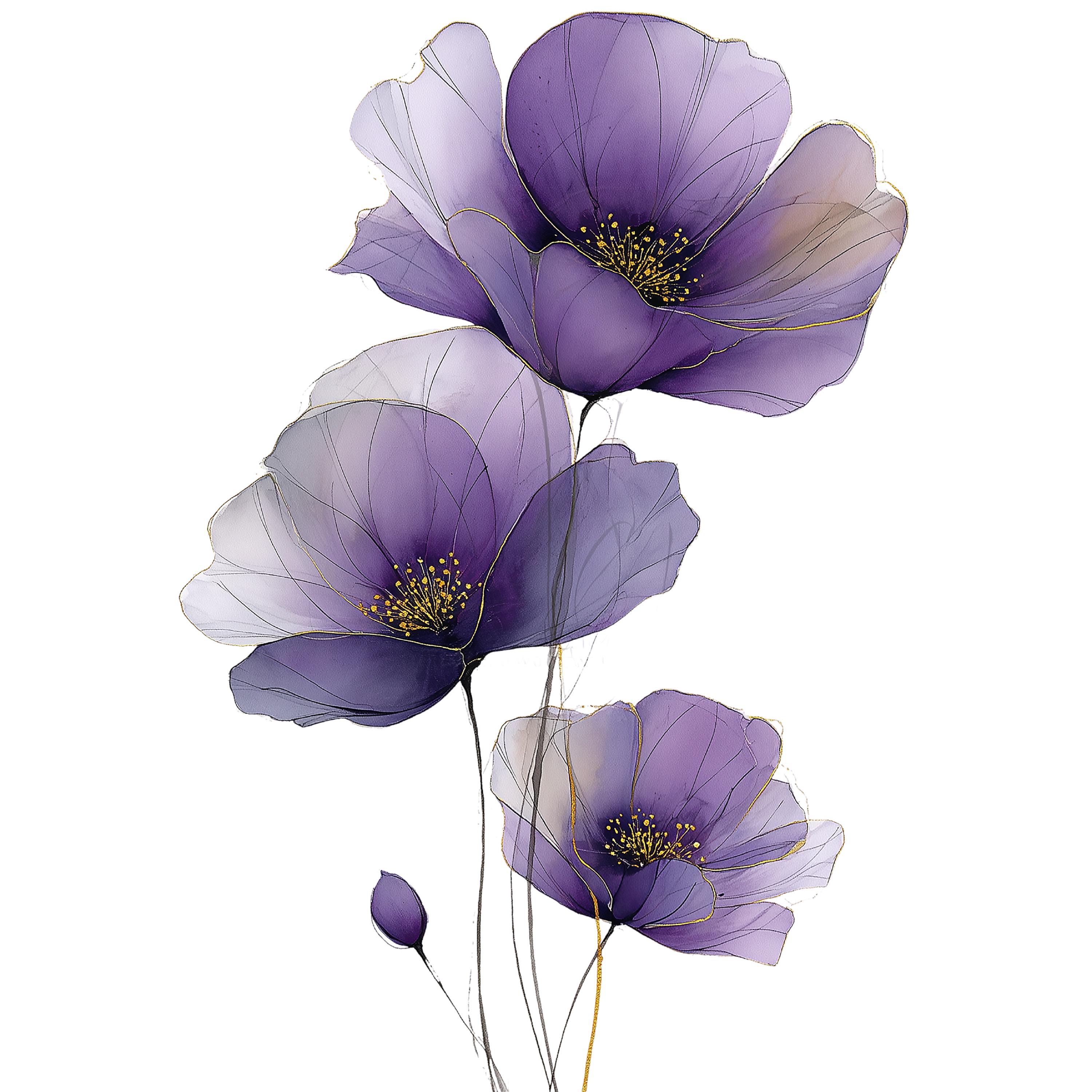 Watercolor Flowers Clipart, Purple Gold Flowers, Abstract Floral Art ...